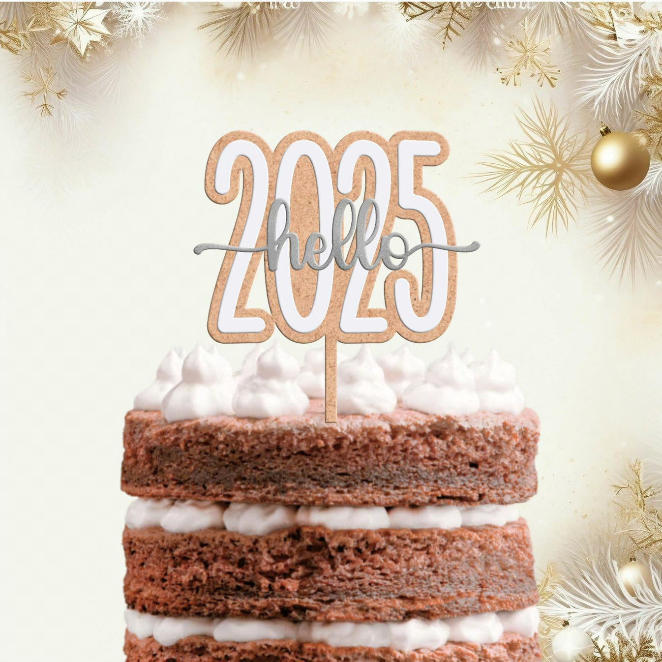 Topo de bolo em Acrílico Hello 2025 Branco + Prata – Adorei